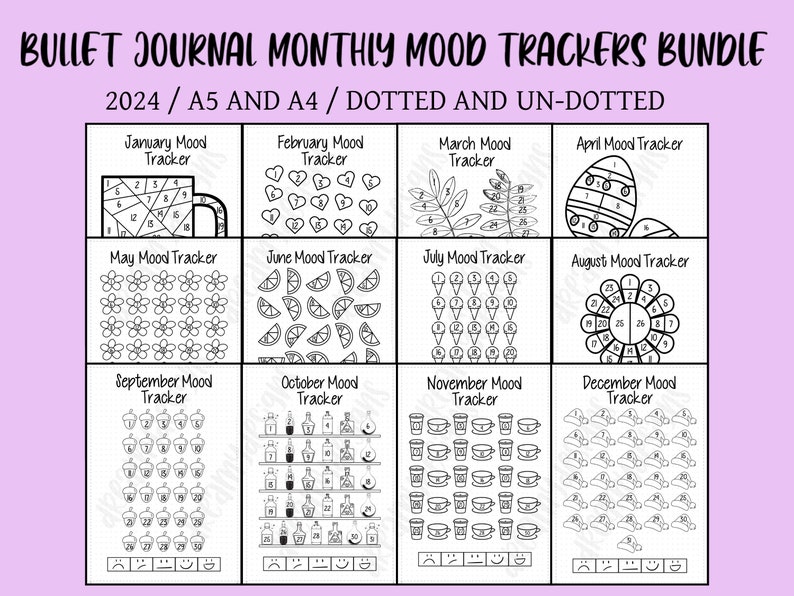 Digital, Printable Bullet Journal Monthly Mood Trackers, Monthly ...