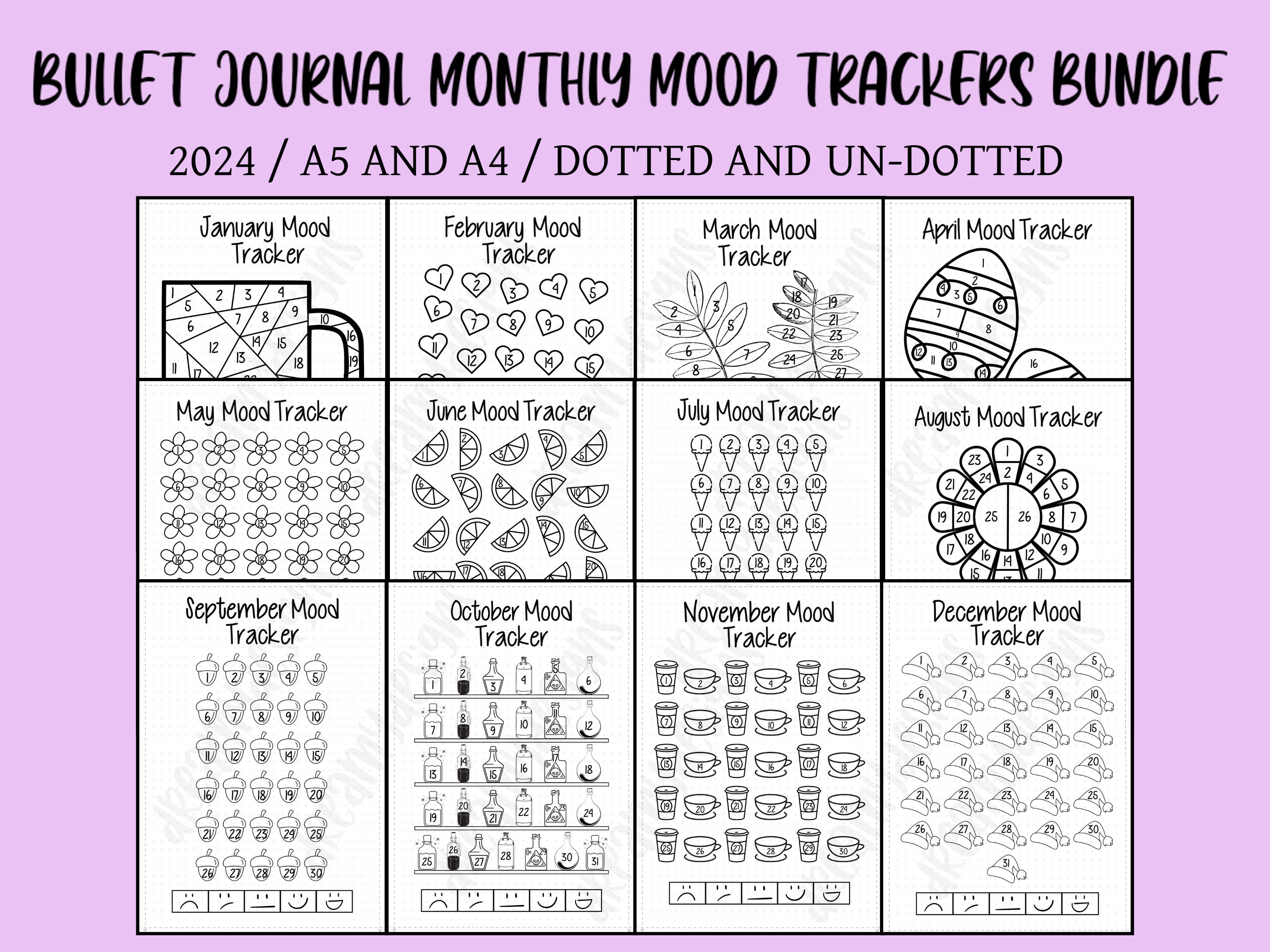 Digital, Printable Bullet Journal Monthly Mood Trackers, Monthly ...