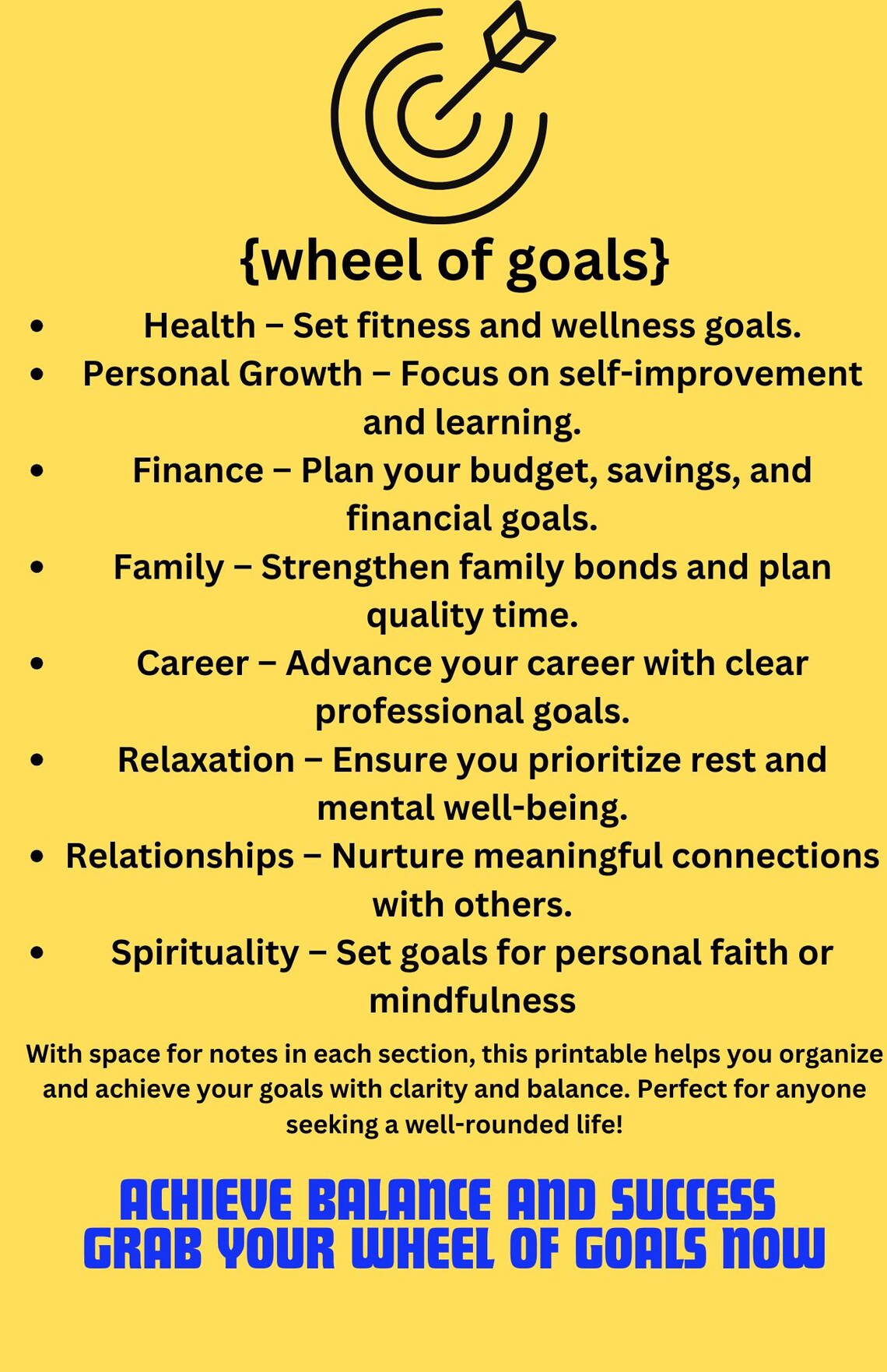 Wheel of Goals Printable 8section Life Planner for Goal Setting ...