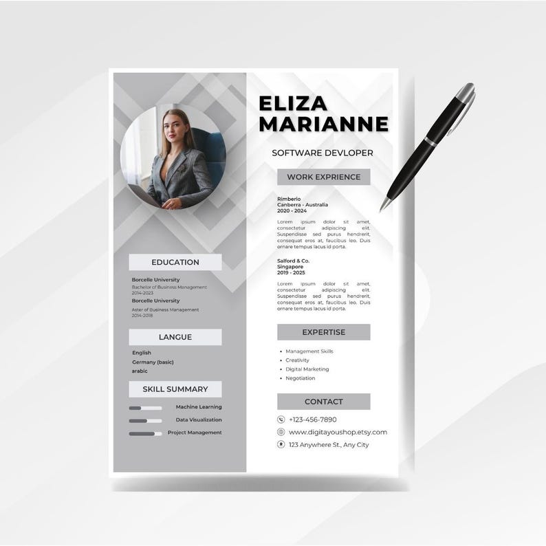 Professional CV Template | Editable Customizable in Canva | Instant ...