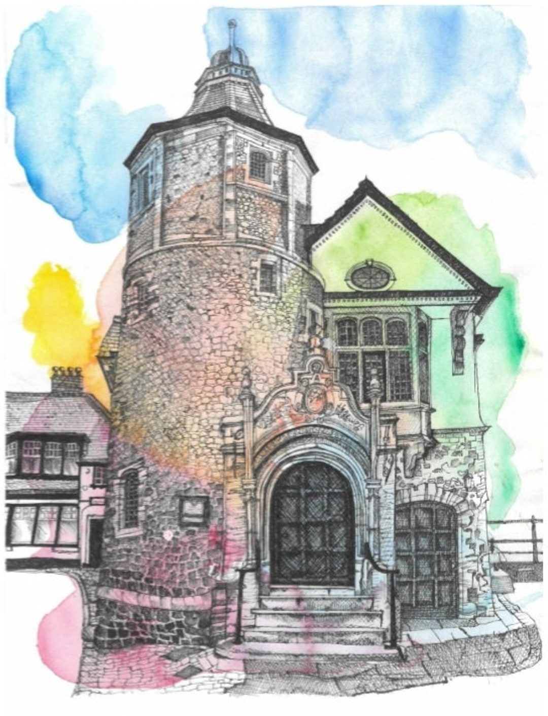 The Guildhall Building, Lyme Regis. Pen-drawing on Watercolour ...