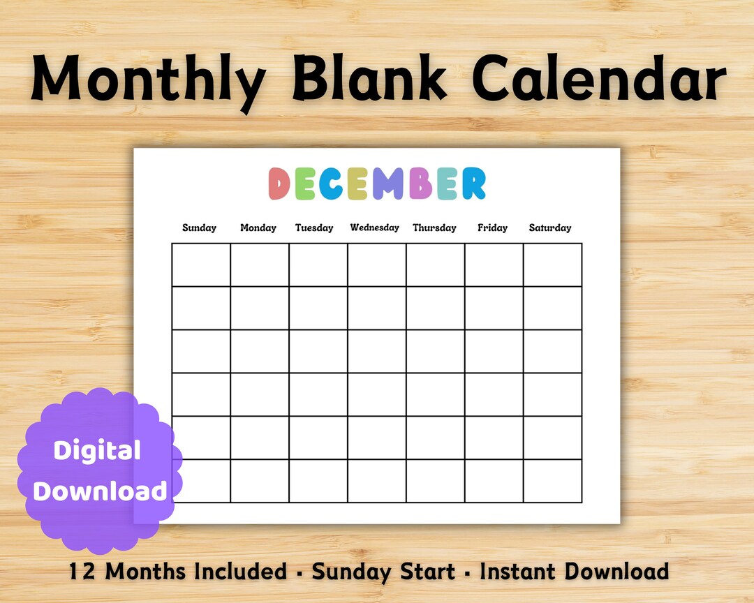 Monthly Blank Calendar, Undated Printable Planner, Sunday Start ...