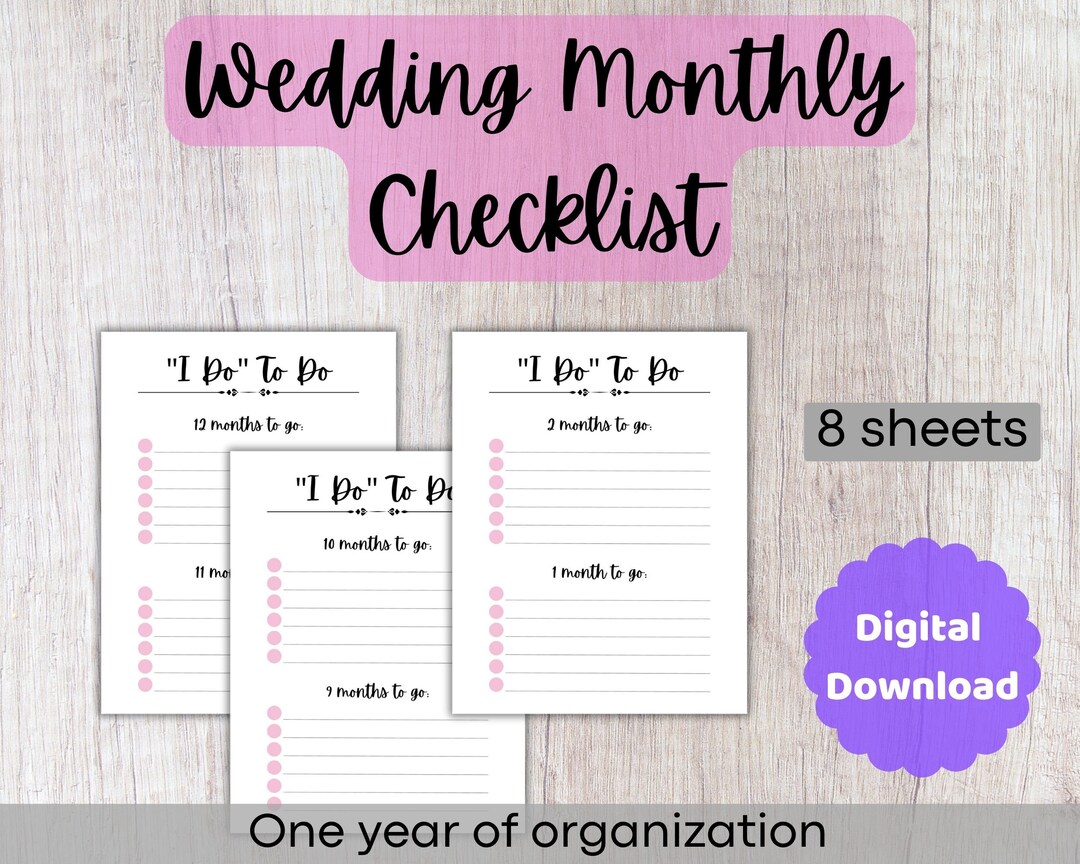Wedding Monthly Checklist, Wedding to Do List, Wedding Planning Checklist Printable, Wedding ...