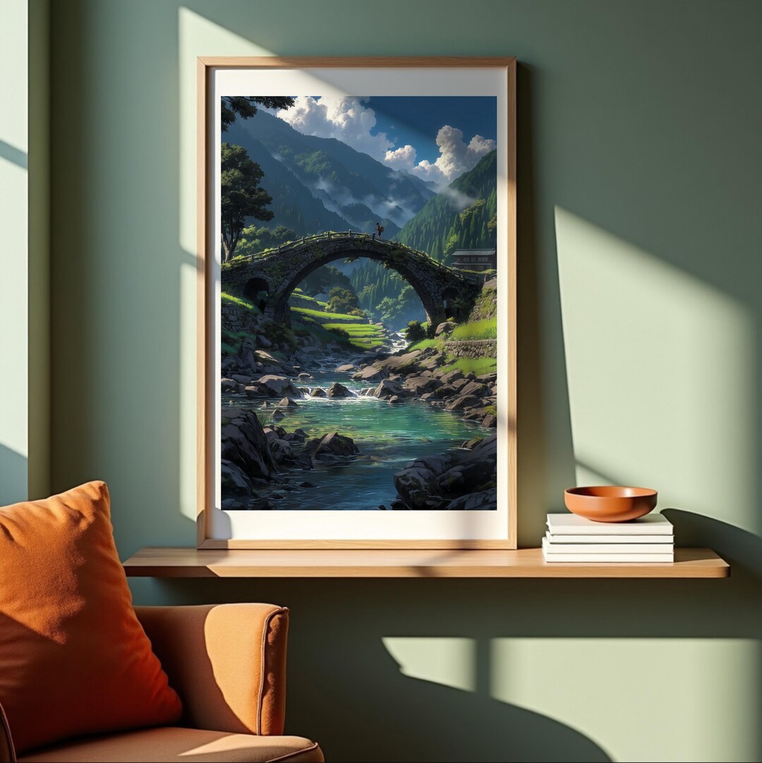 Ghibli Inspired Countryside Bridge Print: Anime Style Landscape ...