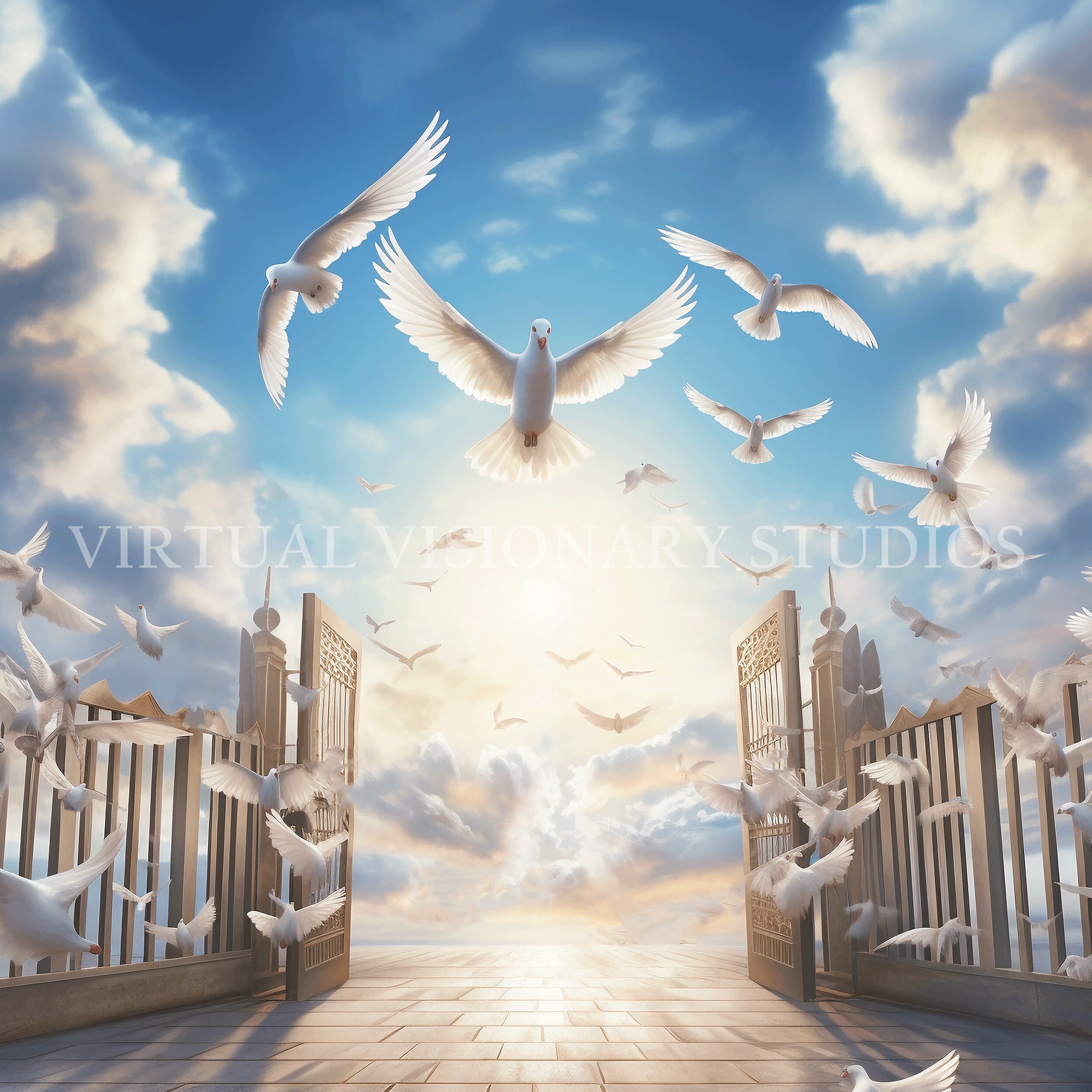 Heavenly Gates With Brick Road and Doves Memorial Background, Memorial ...