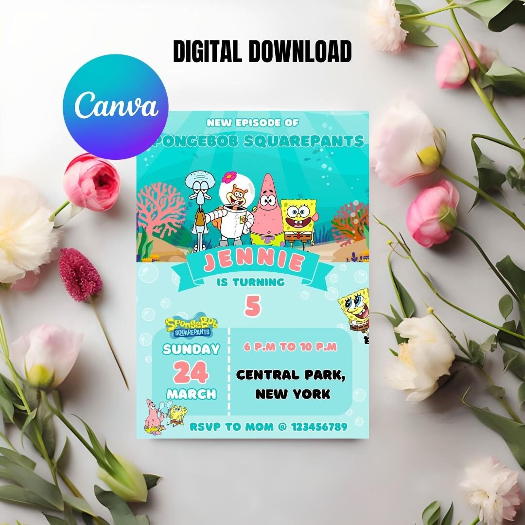 Editable Spongebob Squarepants Birthday Party Invitation, Cartoon ...