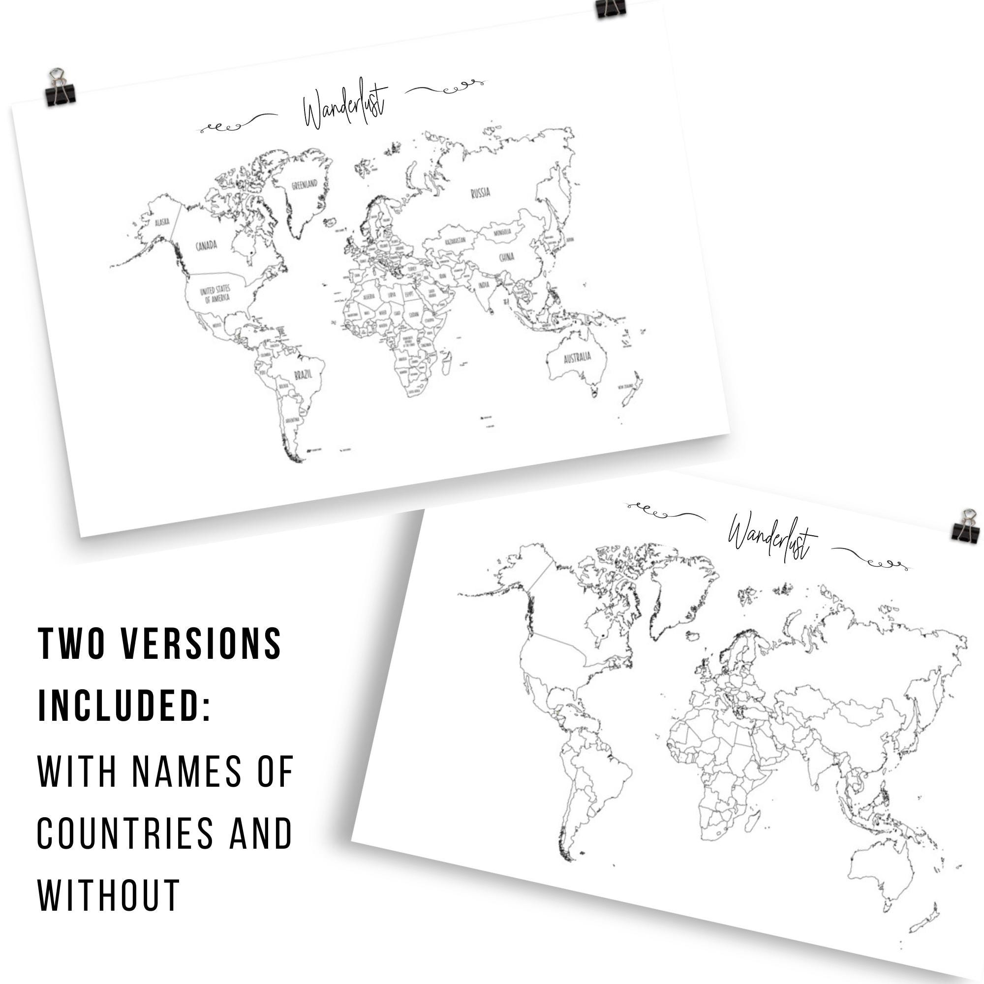 World Coloring Map WANDERLUST Colour in Travel Map World Map Countries ...