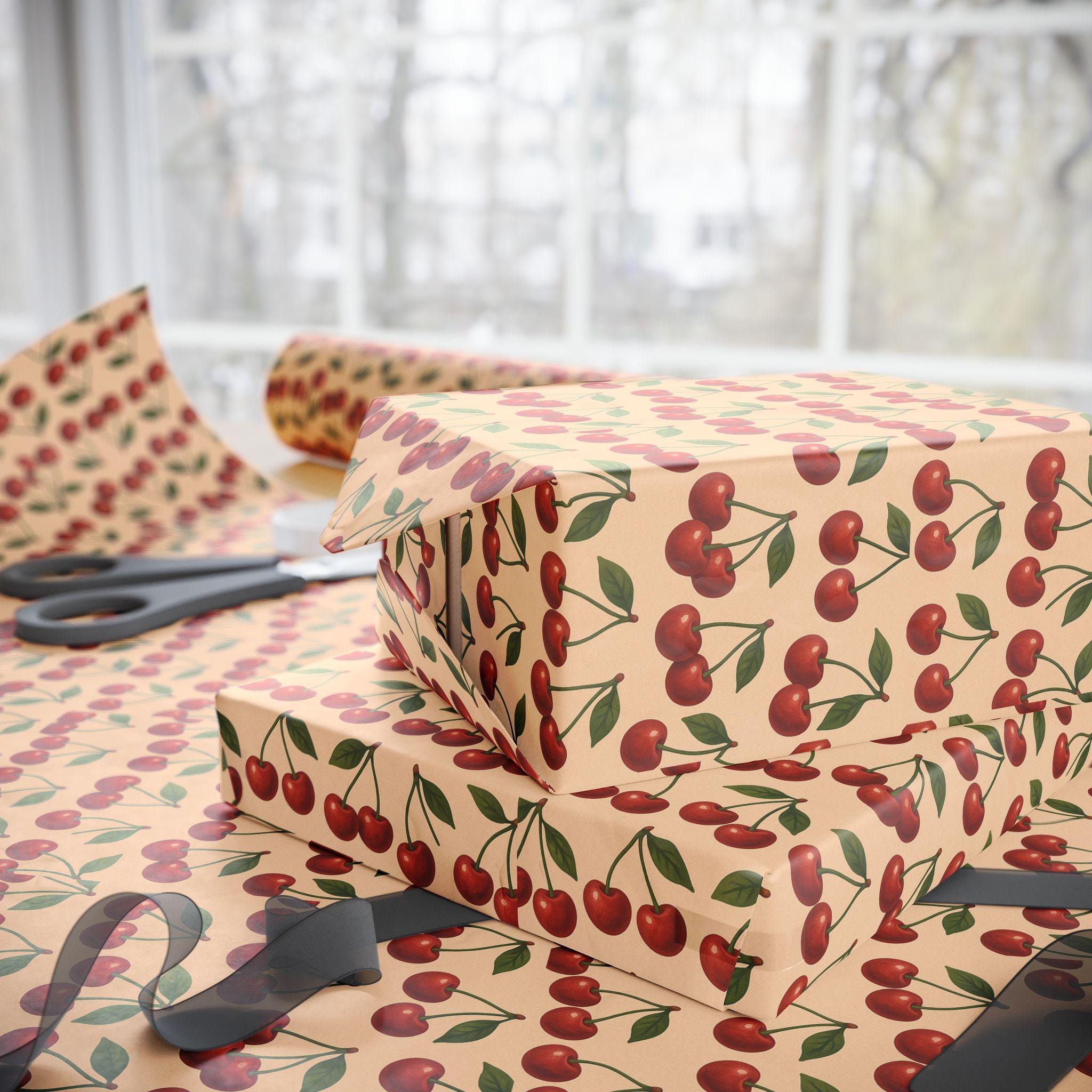 Cherry Wrapping Paper Pink Background Red Cherries Y2K Birthday Gift ...