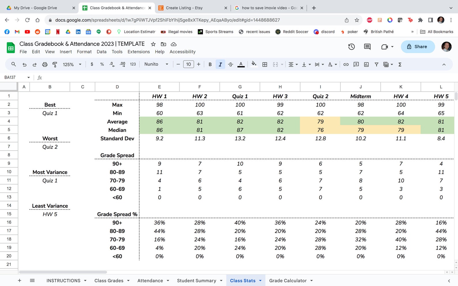 Class Gradebook Excel/google Sheets Template With Attendance, Printable ...