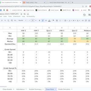Class Gradebook Excel/google Sheets Template With Attendance, Printable ...