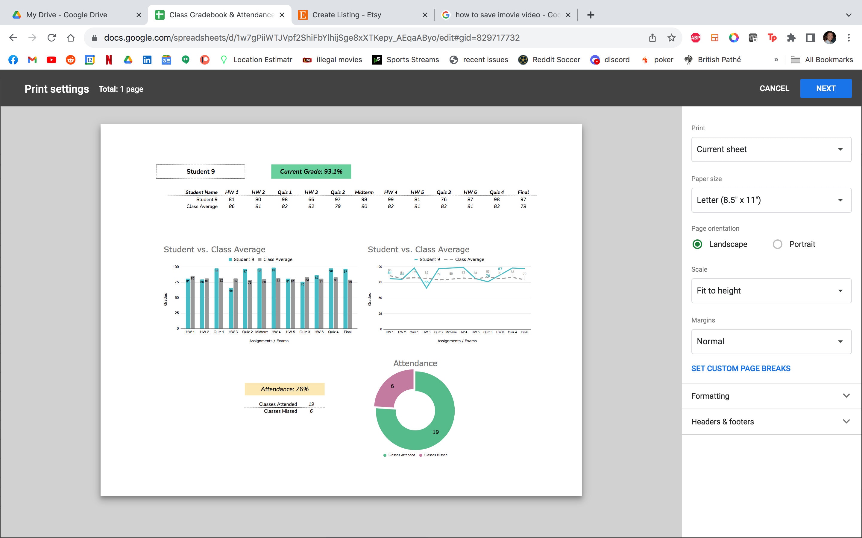 Class Gradebook Excel/google Sheets Template With Attendance, Printable ...