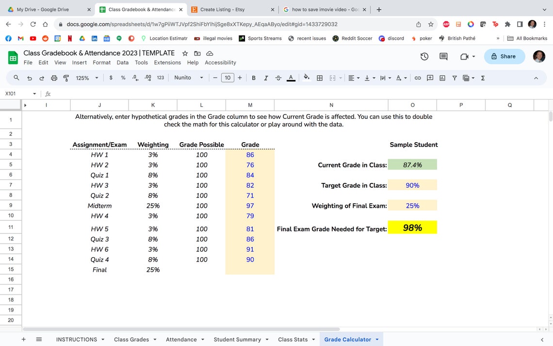 Class Gradebook Excel/google Sheets Template With Attendance, Printable ...
