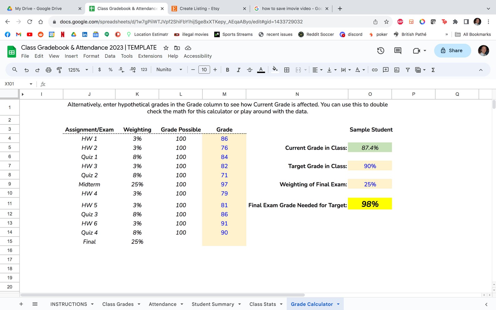 Class Gradebook Template, Teacher Grade Calculator (excel, Google ...