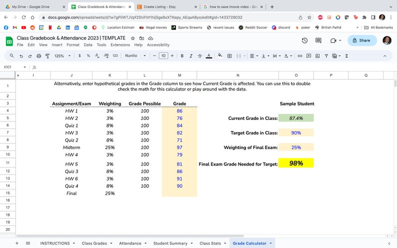 Class Gradebook Excel/google Sheets Template With Attendance, Printable ...
