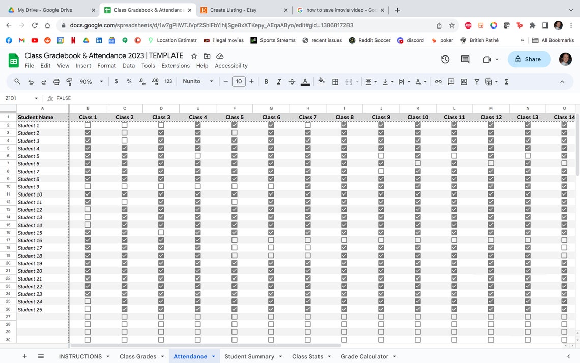 Class Gradebook Excel/google Sheets Template With Attendance, Printable ...