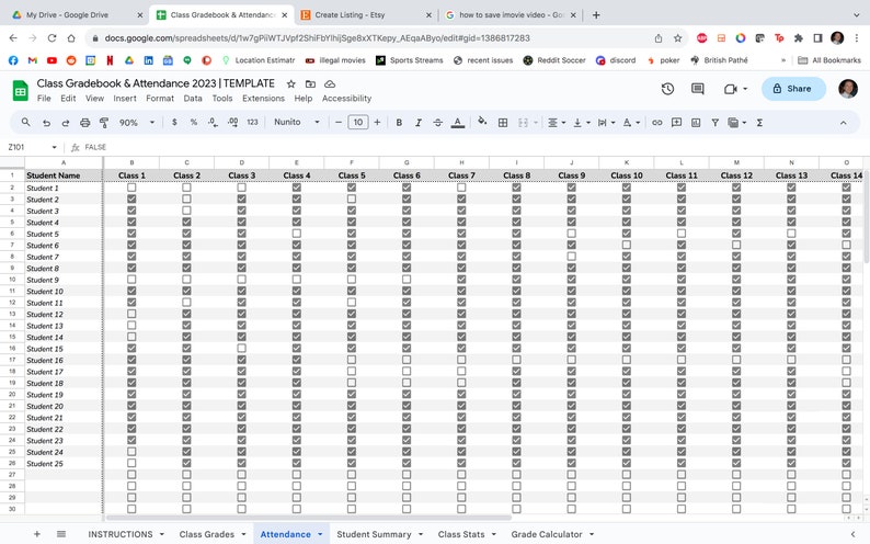 Class Gradebook Excel/google Sheets Template With Attendance, Printable ...