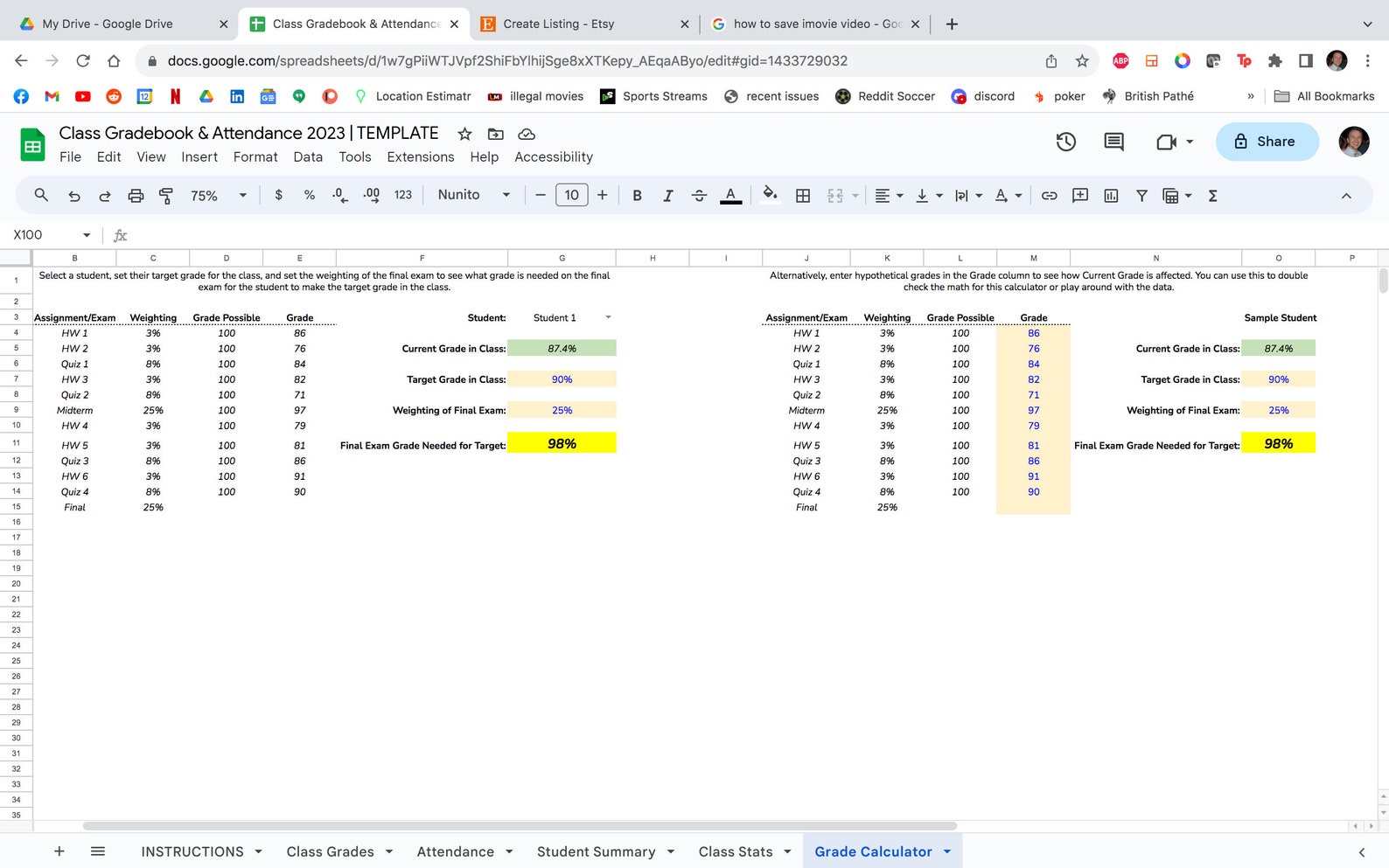 Class Gradebook Excel/google Sheets Template With Attendance, Printable ...
