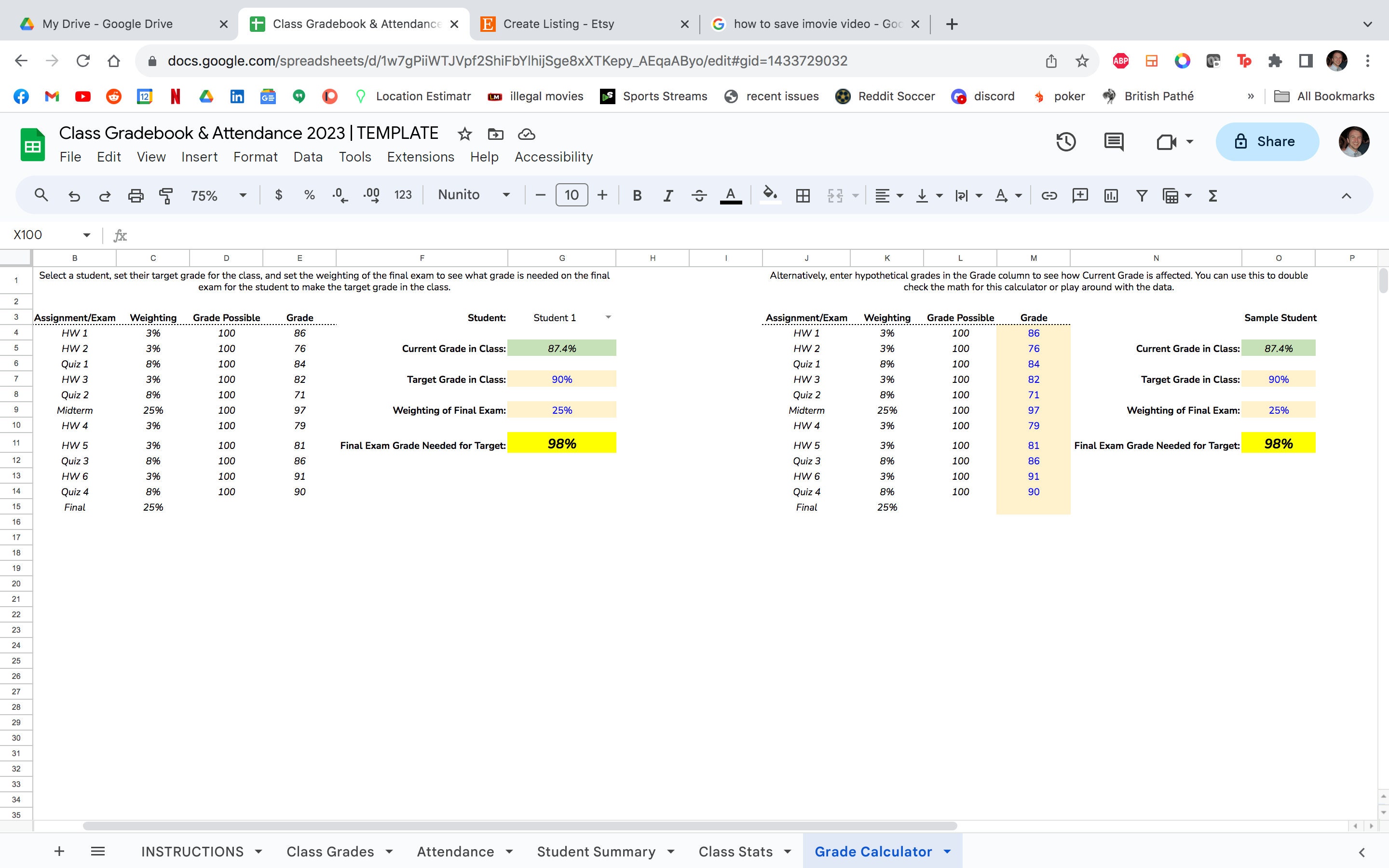 Class Gradebook Excel/google Sheets Template With Attendance, Printable ...