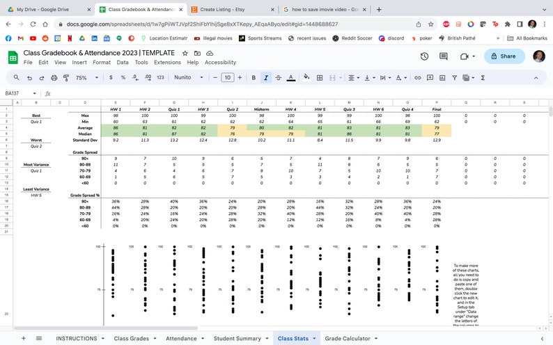 Class Gradebook Excel/google Sheets Template With Attendance, Printable ...