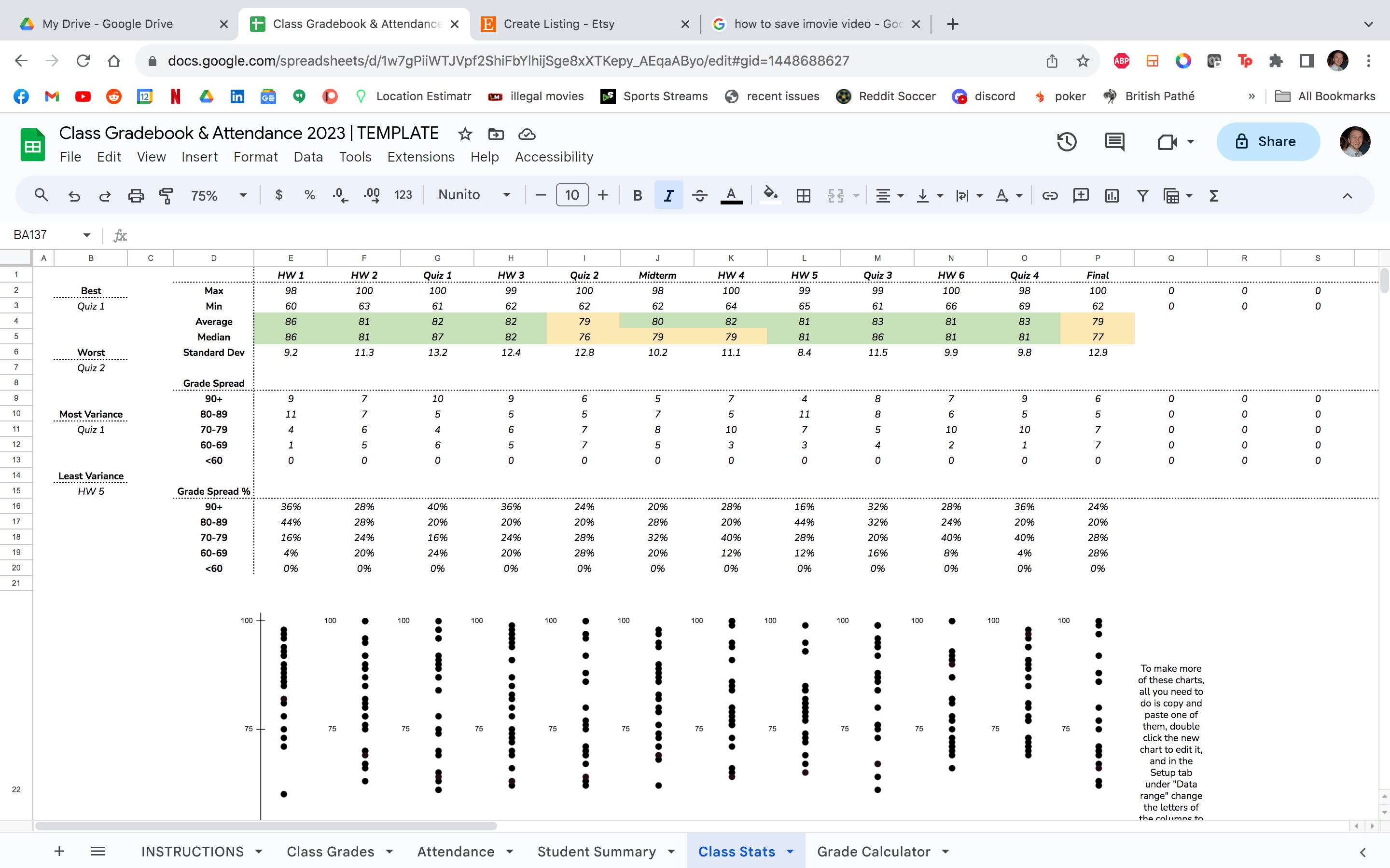 Class Gradebook Excel/google Sheets Template With Attendance, Printable ...