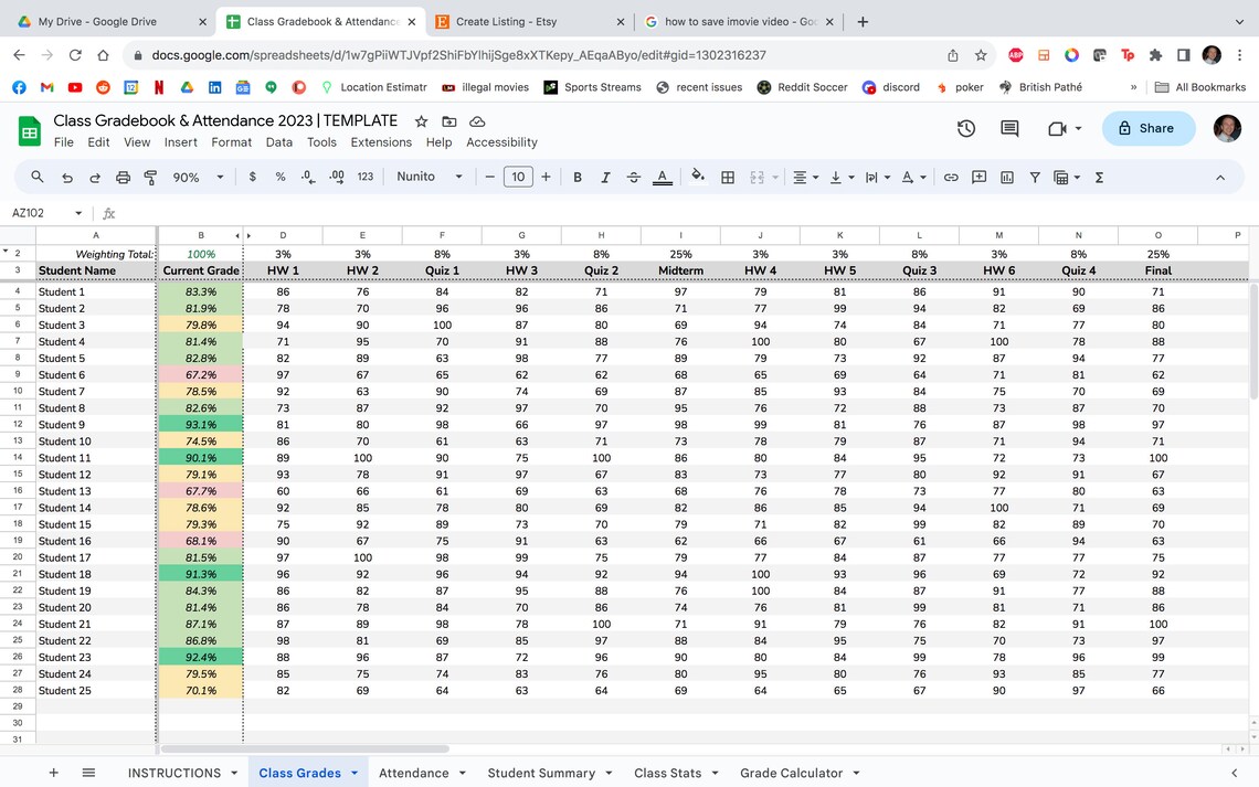Class Gradebook Excel/google Sheets Template With Attendance, Printable ...