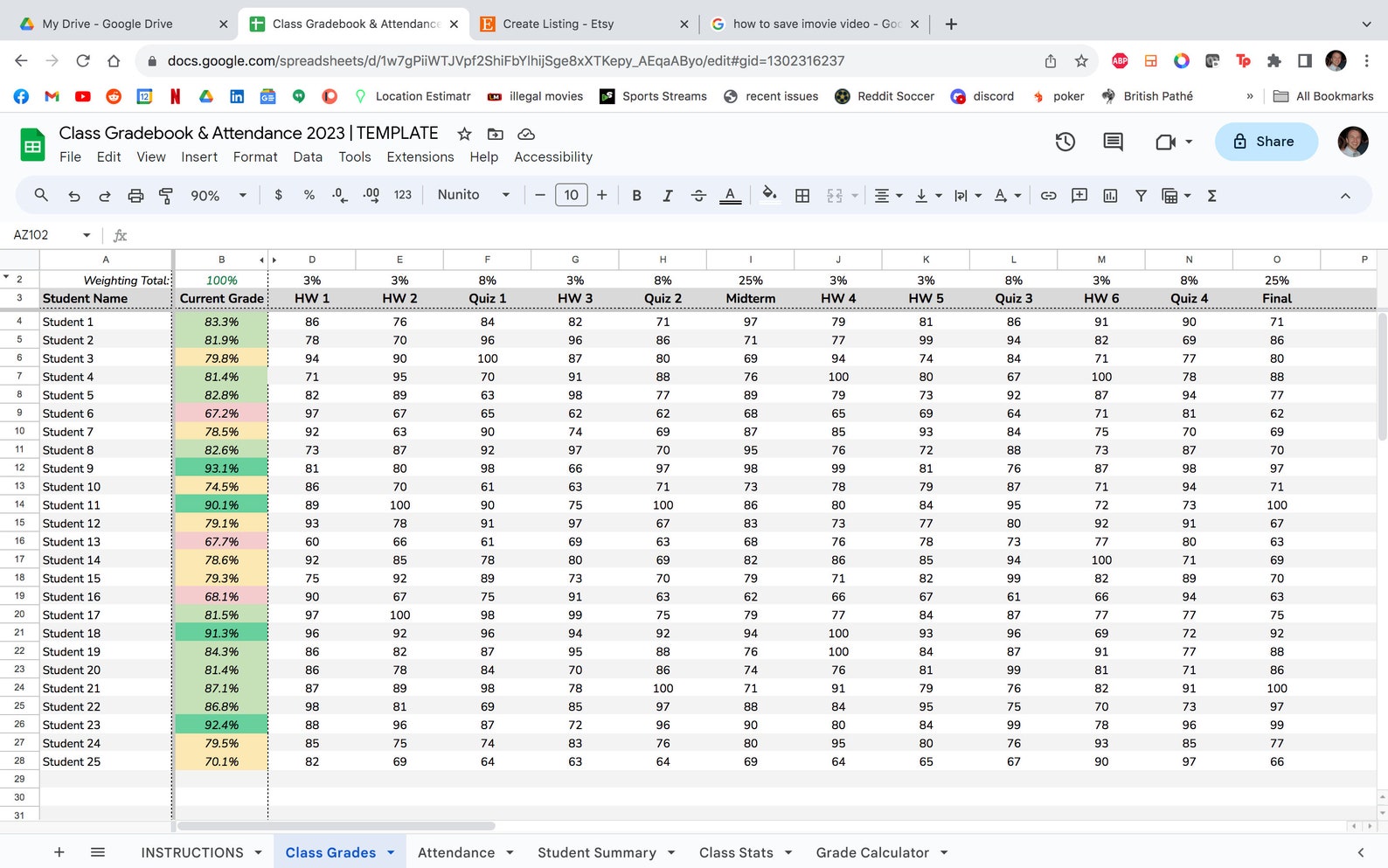 Class Gradebook Excel/google Sheets Template With Attendance, Printable ...