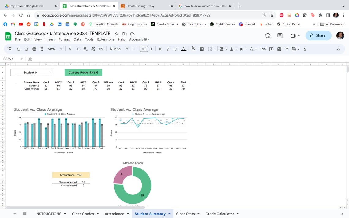 Class Gradebook Excel/google Sheets Template With Attendance, Printable ...