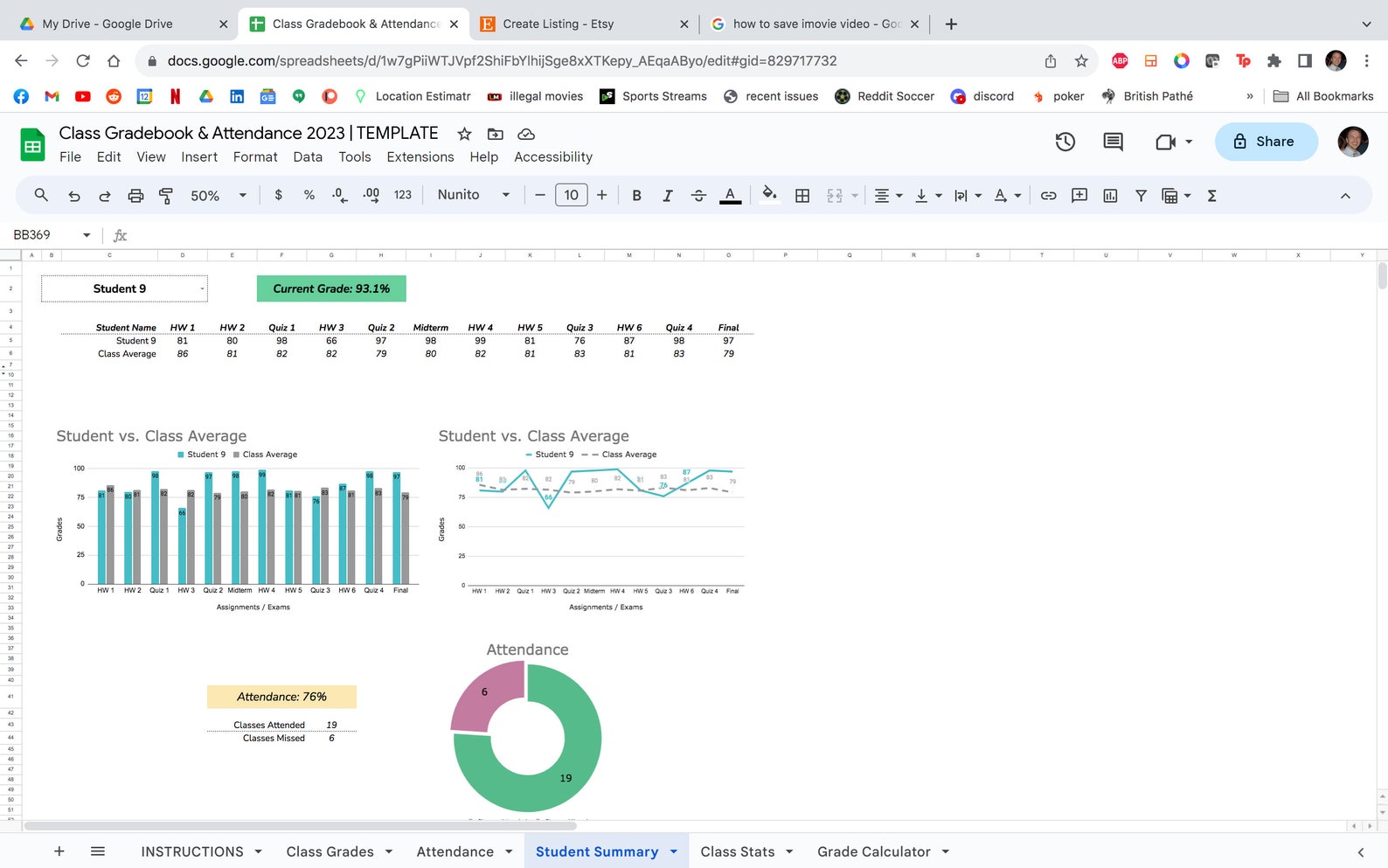Class Gradebook Excel/google Sheets Template With Attendance, Printable ...