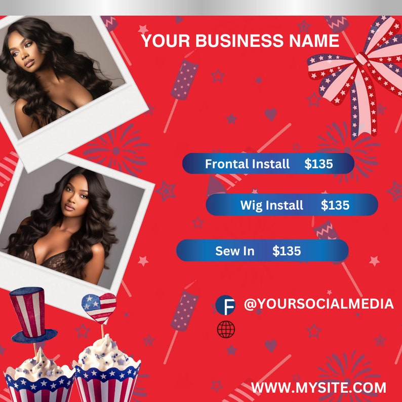 4th of July Sale Flyer Template Design Wigs Hair Lash Nails Independence Day Flyer Premade ...