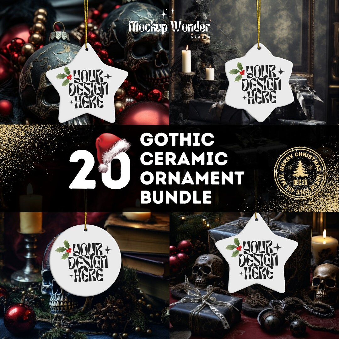 20 GOTHIC Ceramic Ornament Mockup Bundle 4 Shapes Round Heart Snowflake ...