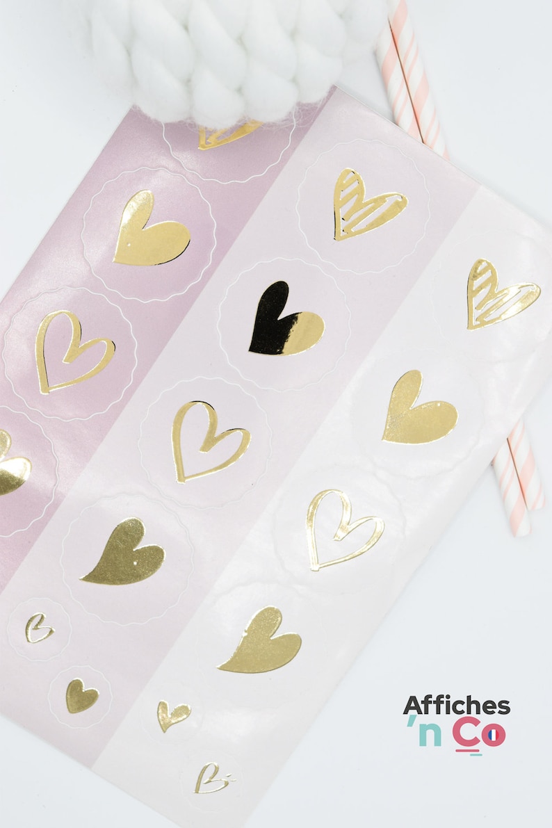 Planche de 18 Stickers - Coeurs Rose & Or | Stickers déco | Effet doré ...