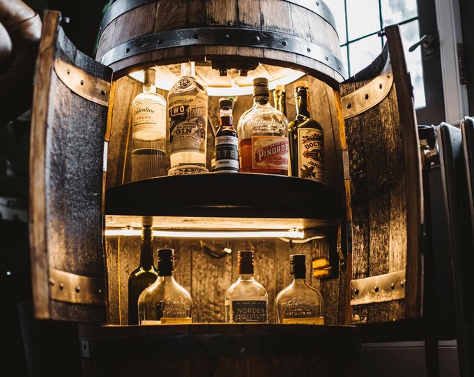 Deluxe Whiskey Barrel Cabinet Table W/ Lazy Susan Rotating Shelf and ...