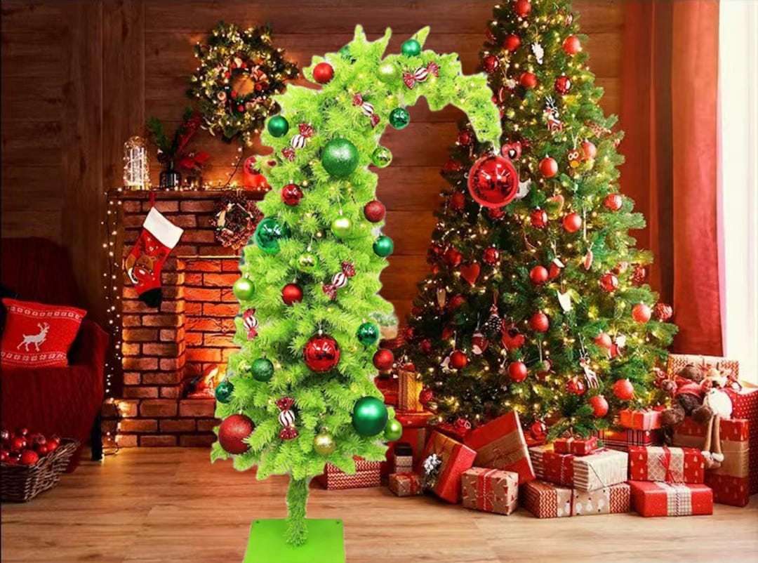 Grinch Green Curved Christmas Tree With Ornaments, Grinch Christmas ...