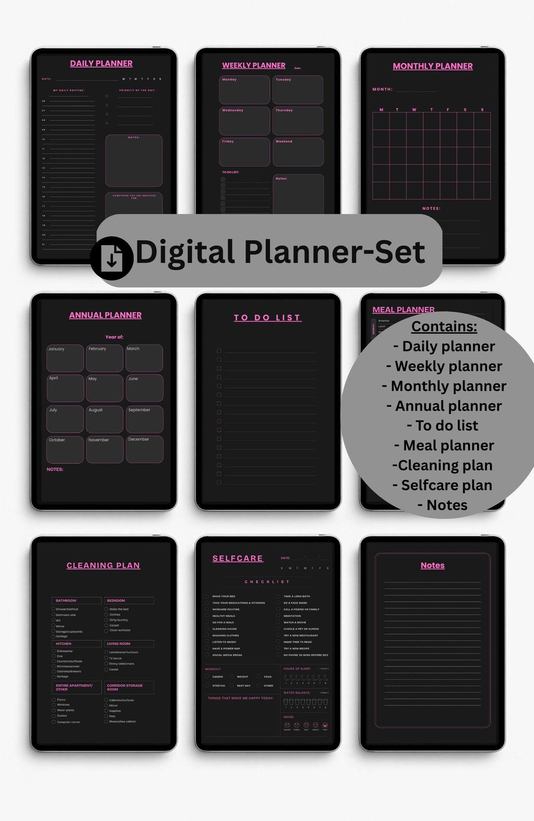 Dark Mode Digital Planner Set Neon Pink Undated Hyperlinked Goodnotes ...