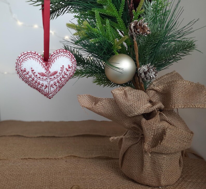 Holiday Ornament Hand Embroidered Heart Scandinavian Yule Hygge ...