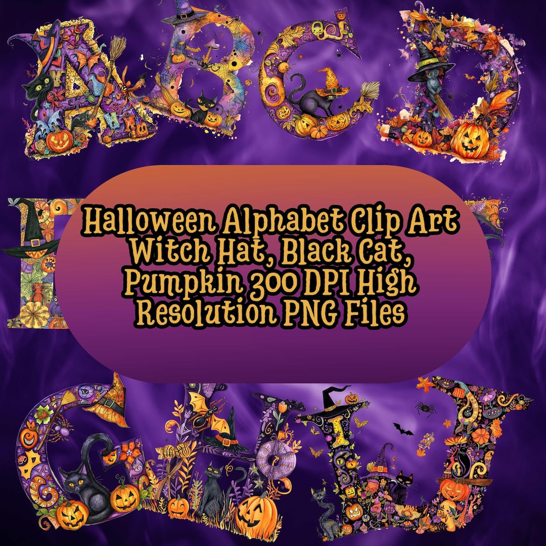 Halloween Alphabet Clip Art - Witch, Cat & Pumpkin Letters (PNG Files ...