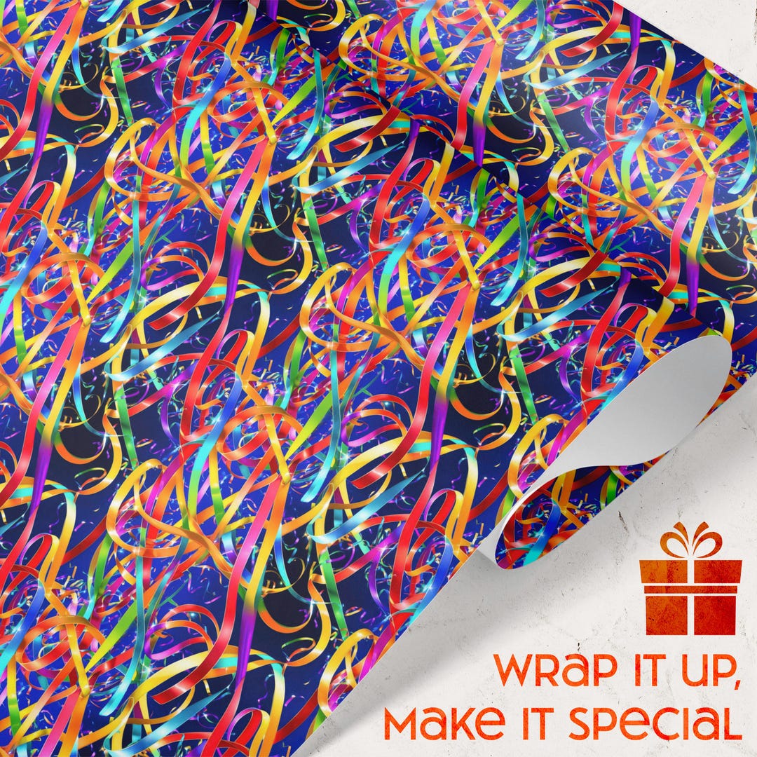 Colorful Streamer and Confetti Birthday Gift Wrap Rainbow Wrapping ...