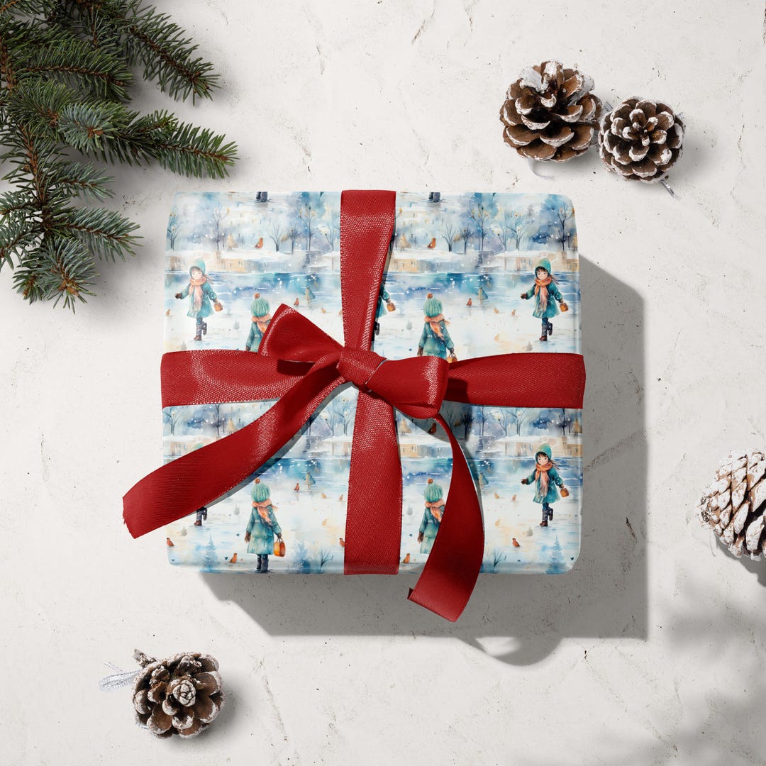Winter Skaters Christmas Wrapping Paper Holiday Gift Wrap Watercolor ...
