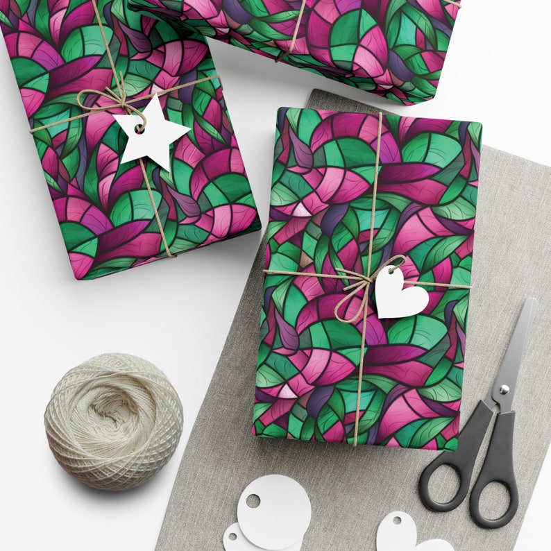 Stained Glass Wrapping Paper Green and Magenta Gift Wrap for Presents ...