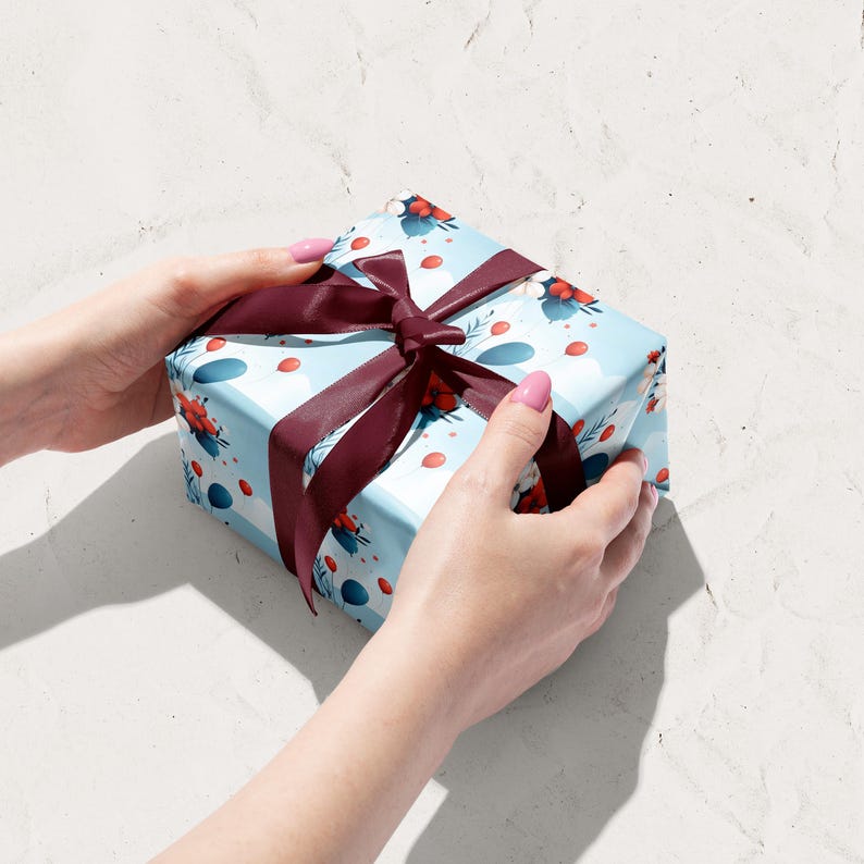 Floral Balloon Birthday Wrapping Paper: Elegant Red and White Flowers ...