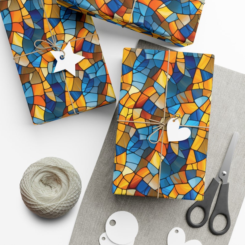 Stained Glass Wrapping Paper Blue and Orange Gift Wrap for - Etsy