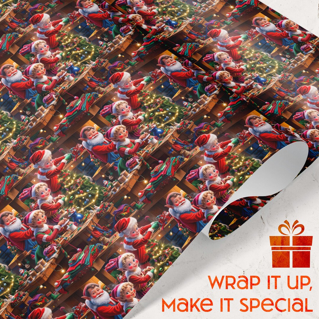Christmas Elves Workshop Wrapping Paper Santas Elves Making Toys ...
