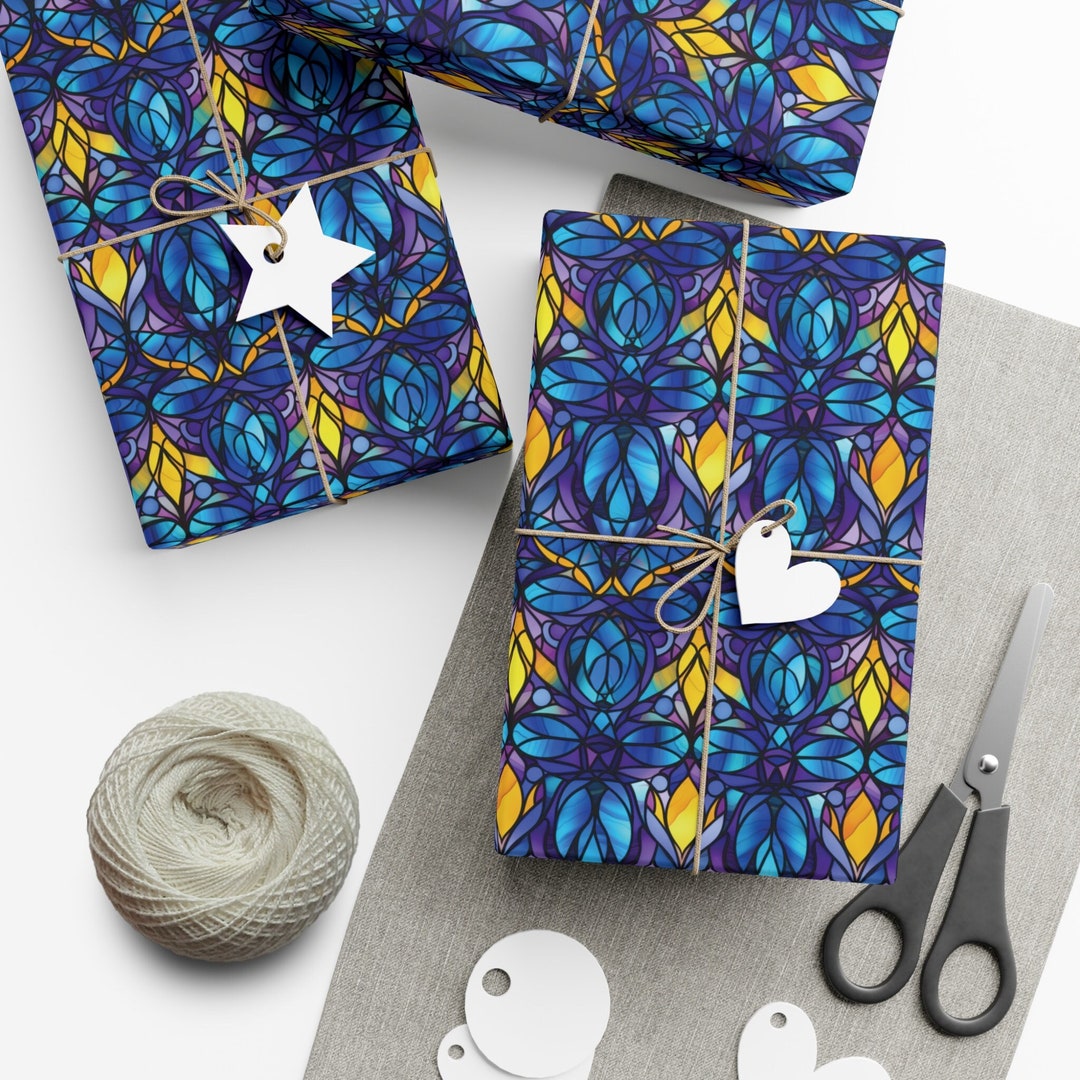 Stained Glass Wrapping Paper Blue and Violet and Yellow Gift Wrap for ...