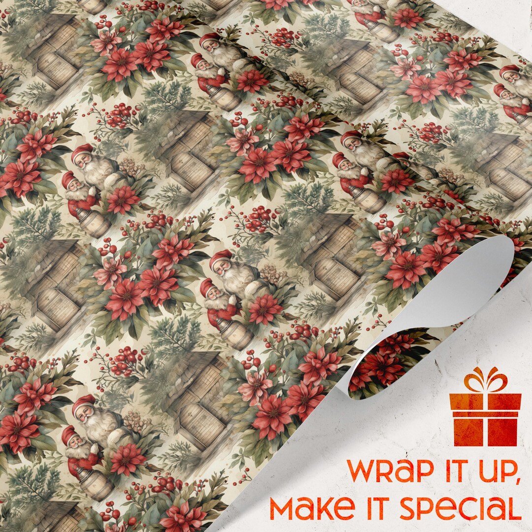 Vintage Festive Santa Claus Gift Wrap Rustic Holiday Decorations Floral ...