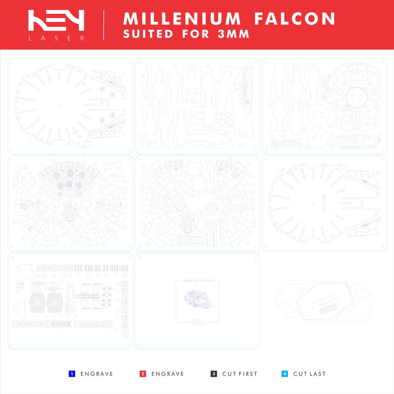 3D Millennium Falcon Laser Cut Files: Star Wars DIY Model (bonus Tie ...