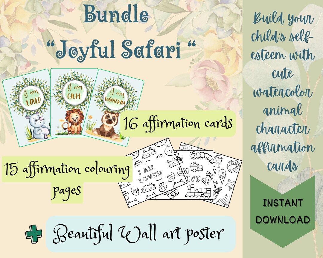 Wild Animal Watercolor Affirmation Cards Bundle Colouring Wall Art ...