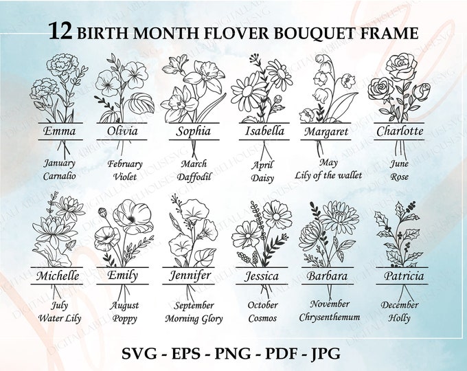 Birth Month Flower Bouquet Frame Svg ,birth Month Svg Bundle, Flowers ...