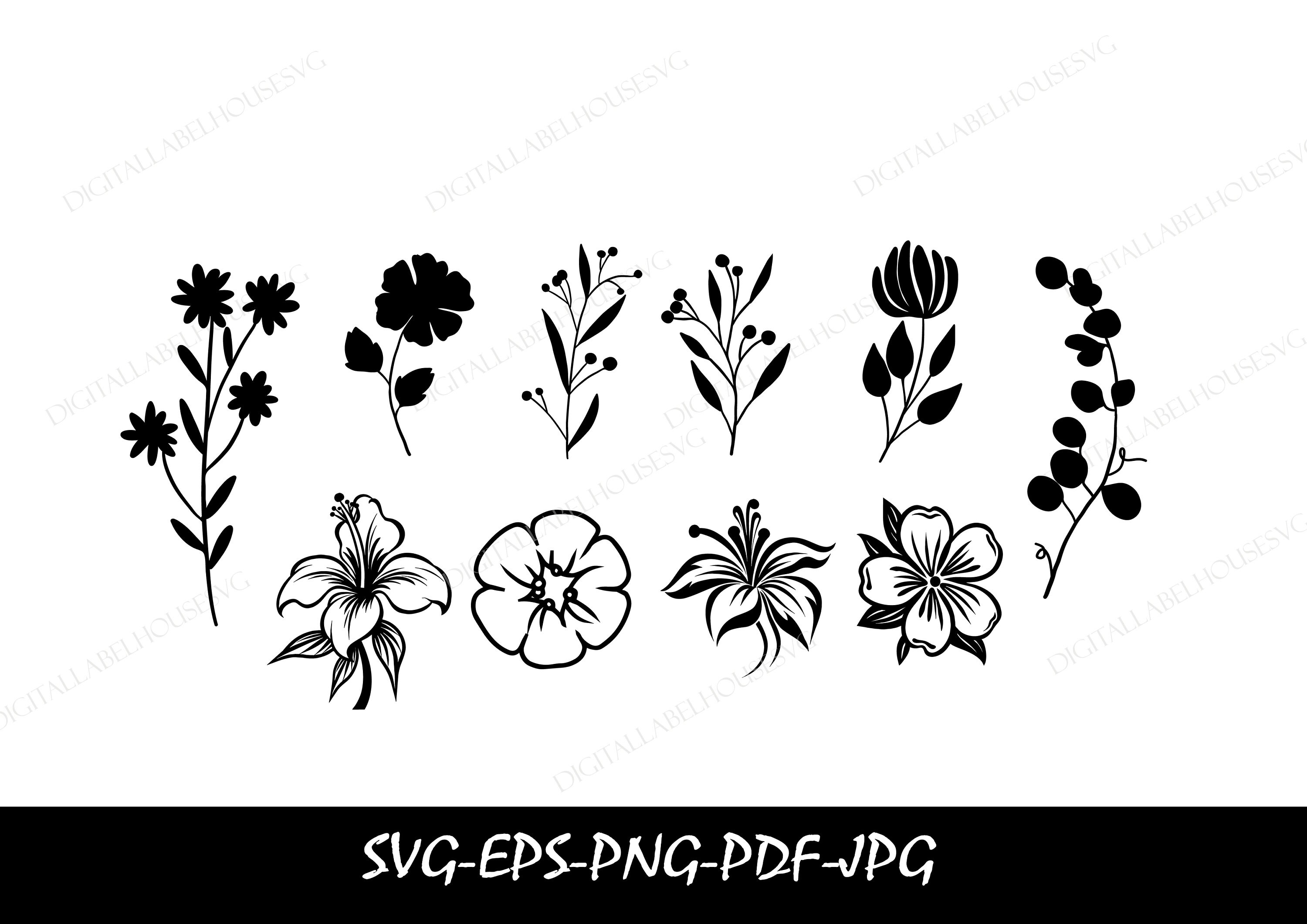 Flowers SVG Bundle, Flowers Clipart, Leaves Svg, Rose SVG, Circut Cut Files Silhouette, Flowers ...