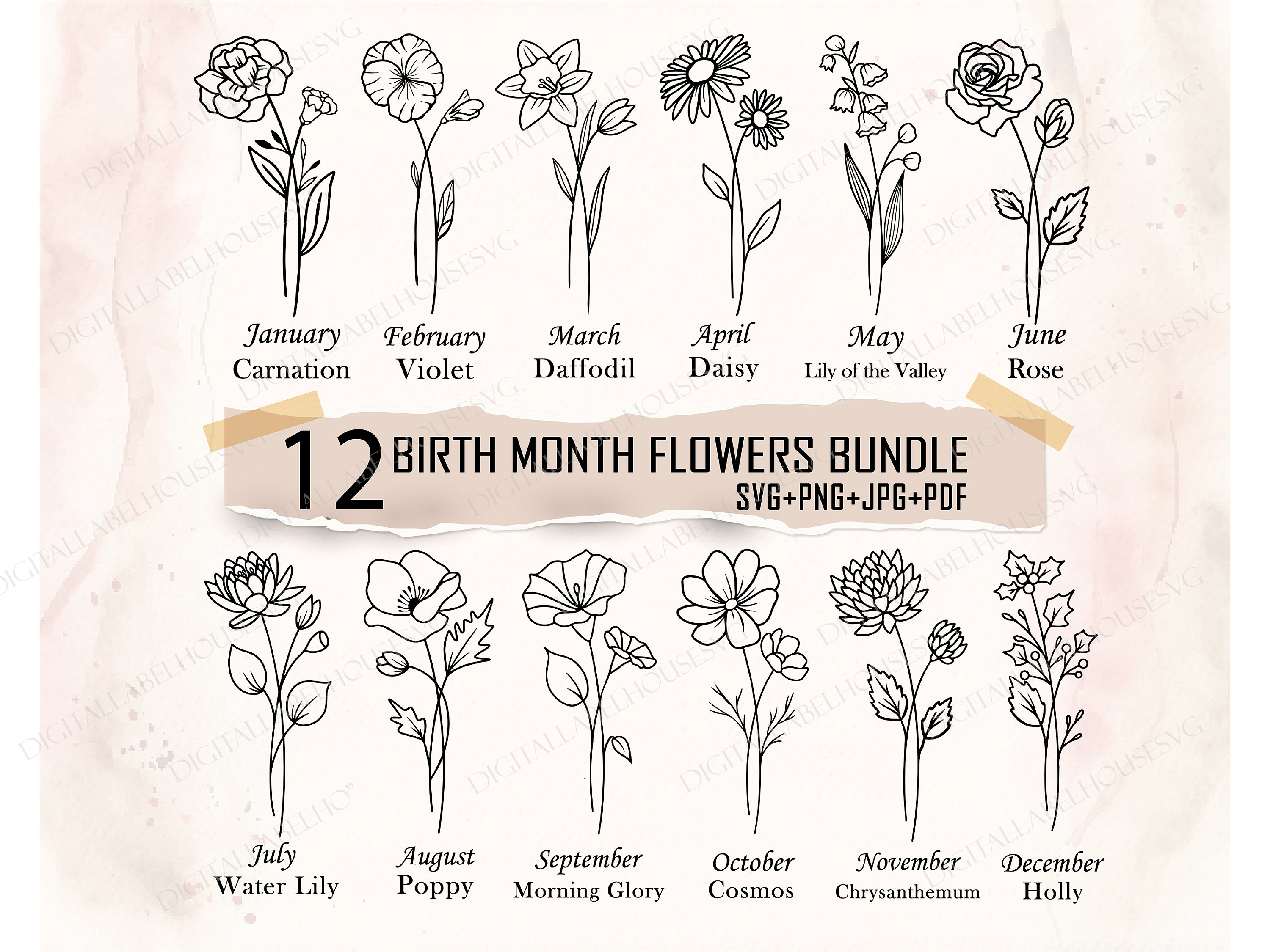 Birth Month Svg Bundle, Flower Svg, Birth Flower Svg, Tattoo, Botanical ...