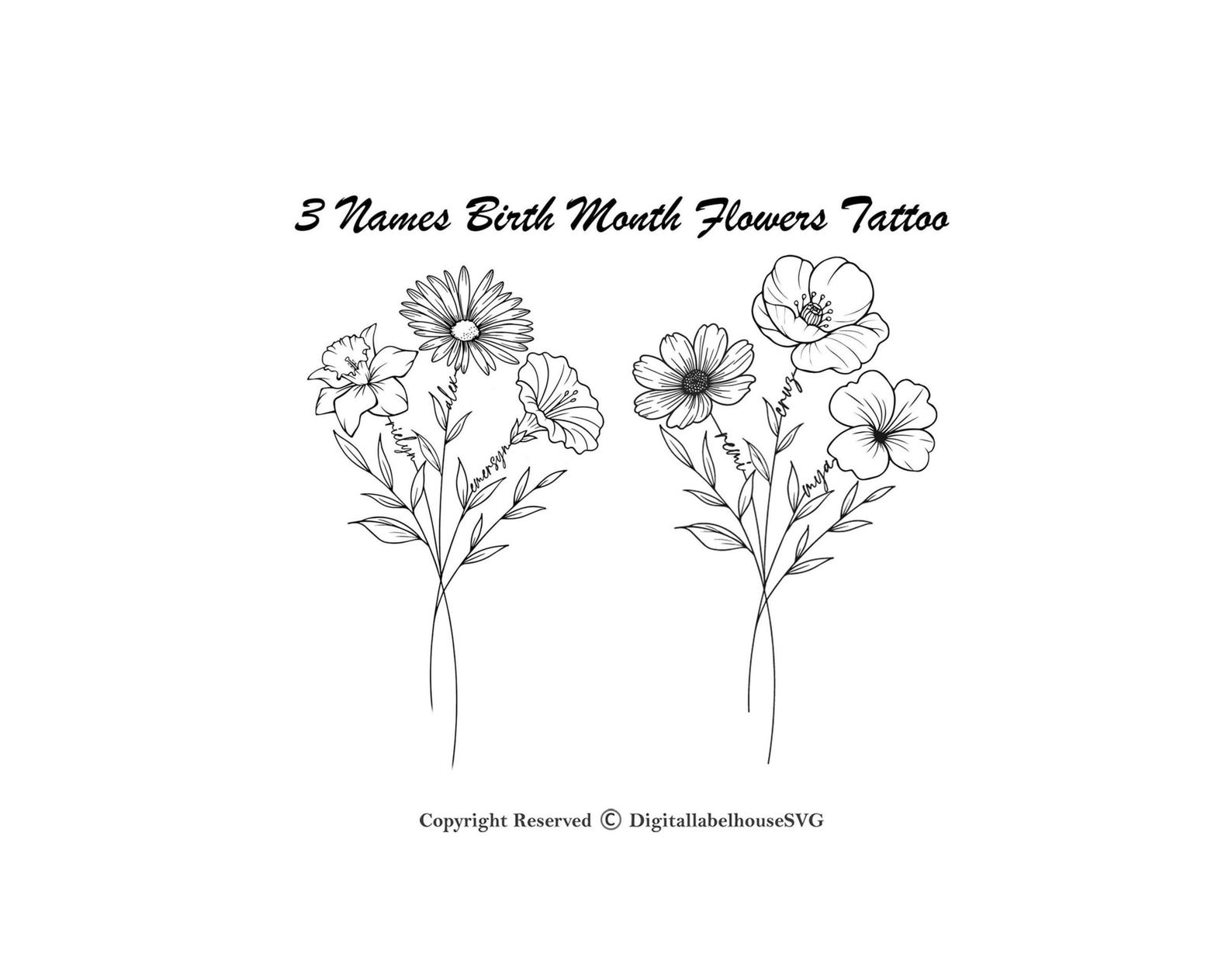 3 Names Birth Month Flowers Tattoo Art I Custom Name Design , Line Art ...
